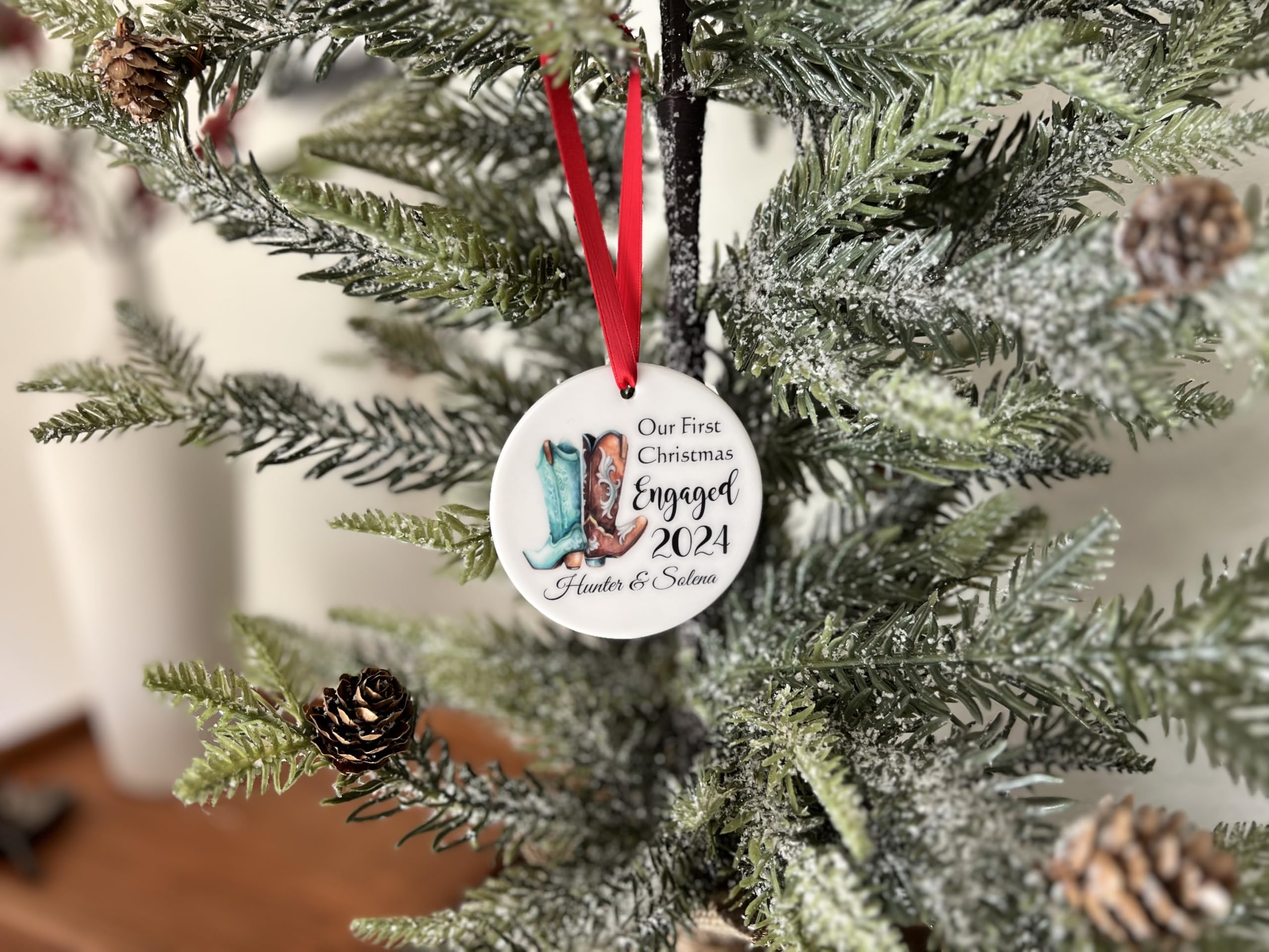 Engagement Ornament 2024, Our First Christmas Engaged, Personalized Tree Decoration, Western Couple Gift (Personalized)