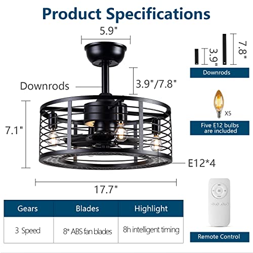 Dannilong Ceiling Fans with Lights - Modern Enclosed Ceiling Fan Indoor with Remote Control, Black Caged Industrial Ceiling Fan Light Kit for Living Room, Bedroom, Kitchen (Stripped)