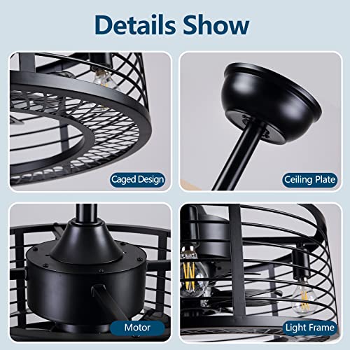 Dannilong Ceiling Fans with Lights - Modern Enclosed Ceiling Fan Indoor with Remote Control, Black Caged Industrial Ceiling Fan Light Kit for Living Room, Bedroom, Kitchen (Stripped)