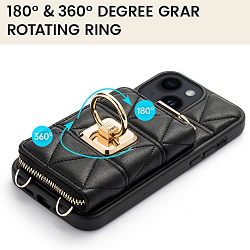 CUSTYPE Compatible with Phone 14 Plus Case Wallet with Card Holder,360 Rotation Ring [Two-Way Stand],Leather Zipper Wallet Case with Crossbody Strap for iPhone 14 Plus,6.7 Inch,Black