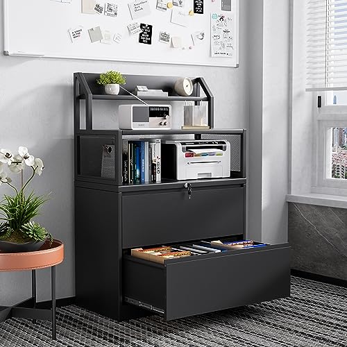 Rophefx File Cabinet with Shelves, 2 Drawers Lateral File Cabinet, Printer Stand with Open Storage Shelf, Metal File Cabinet with Lock, Black