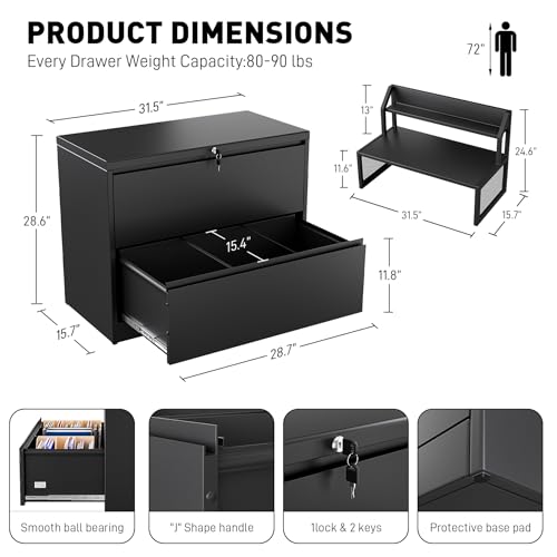 Rophefx File Cabinet with Shelves, 2 Drawers Lateral File Cabinet, Printer Stand with Open Storage Shelf, Metal File Cabinet with Lock, Black