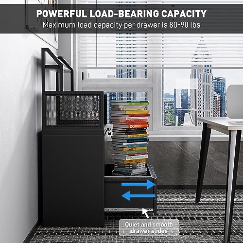 Rophefx File Cabinet with Shelves, 2 Drawers Lateral File Cabinet, Printer Stand with Open Storage Shelf, Metal File Cabinet with Lock, Black