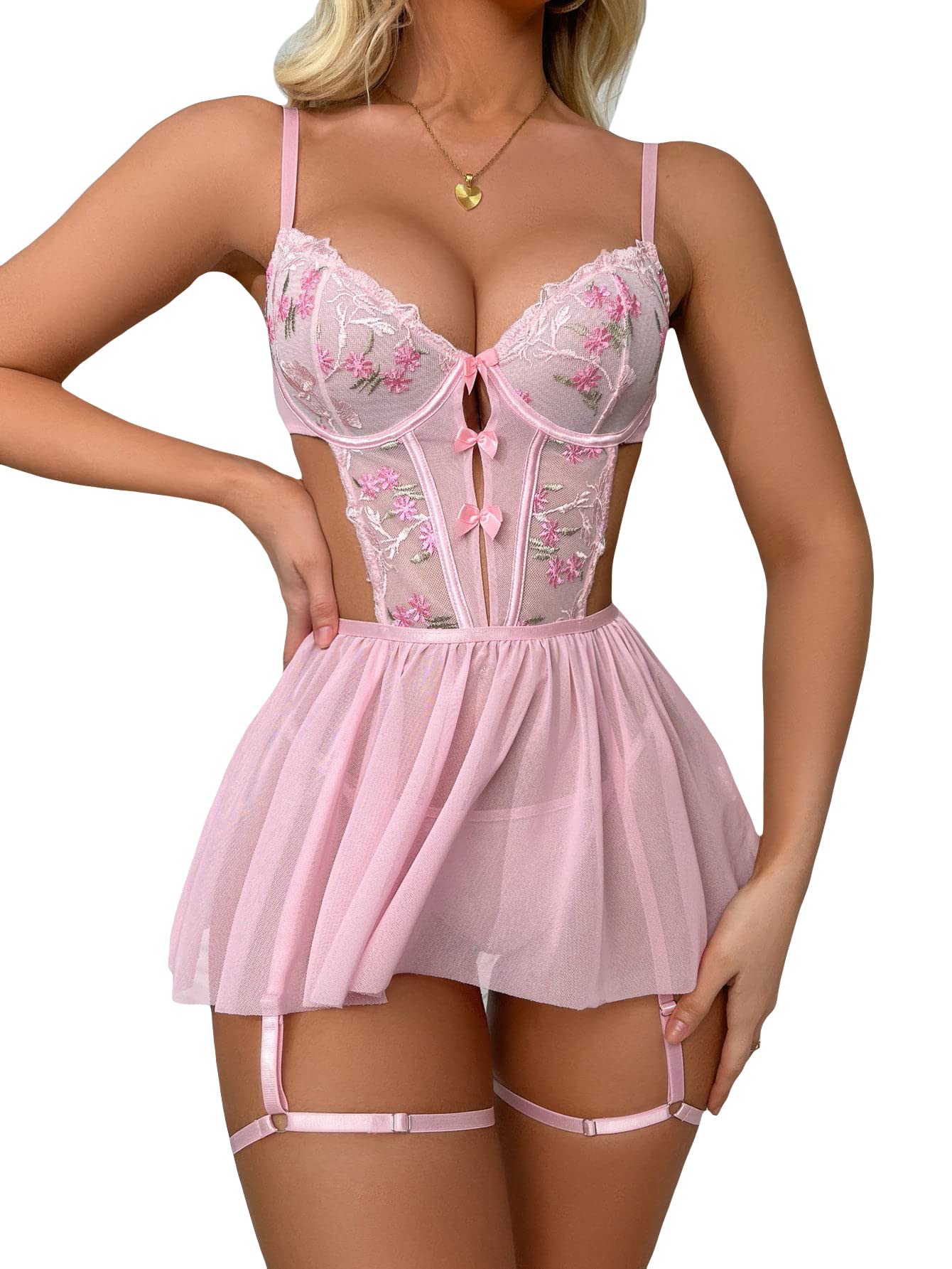 WDIRARA Women's Floral Embroidery Mesh Split Cut Out Babydoll Lingerie Slip Dress Pink Small