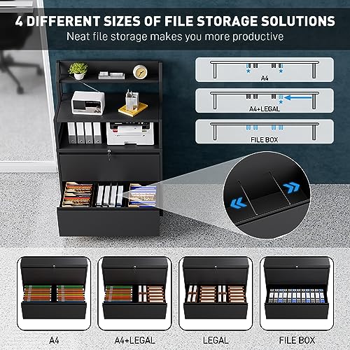Rophefx File Cabinet with Shelves, 2 Drawers Lateral File Cabinet, Printer Stand with Open Storage Shelf, Metal File Cabinet with Lock, Black
