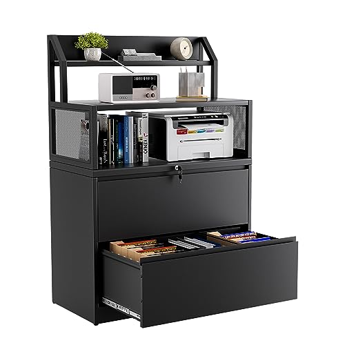 Rophefx File Cabinet with Shelves, 2 Drawers Lateral File Cabinet, Printer Stand with Open Storage Shelf, Metal File Cabinet with Lock, Black