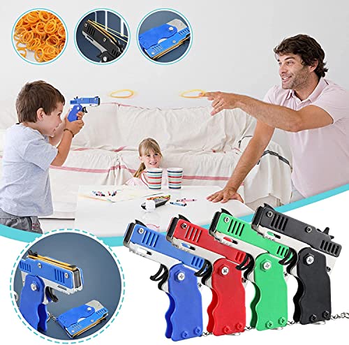 QKUDNGHY Kids Toys Cool Keychain Rubber Band Mini Metal Folding Rubber Launcher Toy with 60 Elastic Rubber Bands for Game Outdoor Activities (Blue)