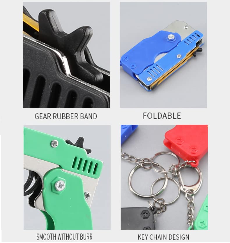 QKUDNGHY Kids Toys Cool Keychain Rubber Band Mini Metal Folding Rubber Launcher Toy with 60 Elastic Rubber Bands for Game Outdoor Activities (Blue)