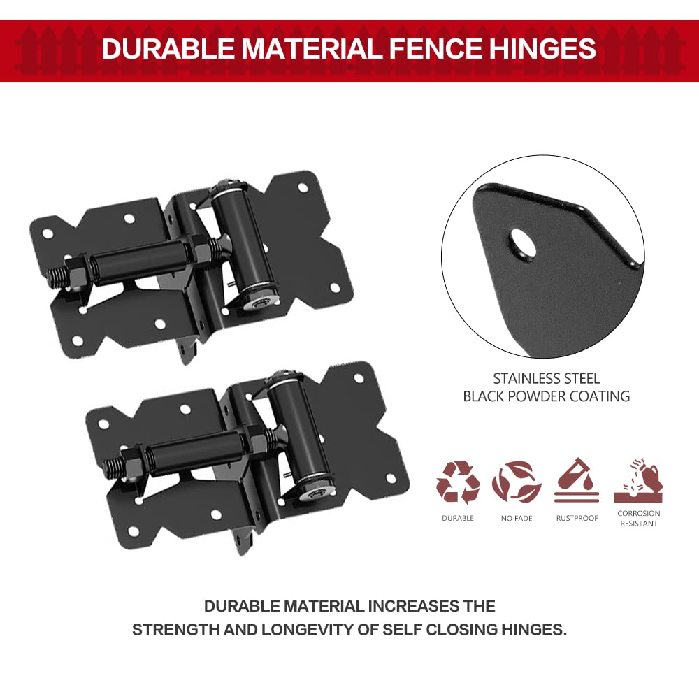 Self Closing Gate Hinges-Usumairu Heavy Duty Gate Hinges for Wooden Vinyl PVC Fence,90 Degree Adjustable Hinges Outdoor,Gate Hardware Kit with 28 Durable Screws and Swing Adjuster Tool-Black