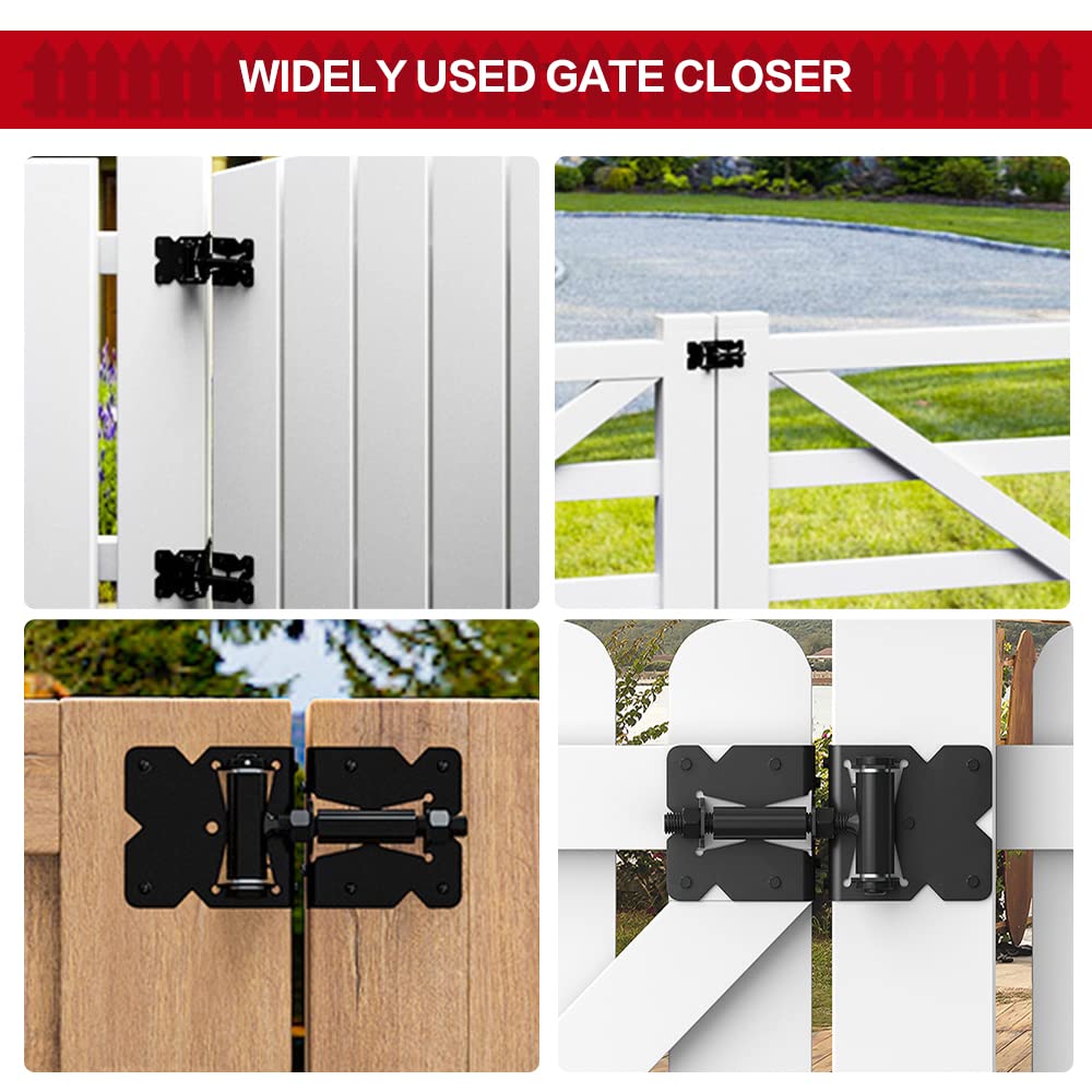 Self Closing Gate Hinges-Usumairu Heavy Duty Gate Hinges for Wooden Vinyl PVC Fence,90 Degree Adjustable Hinges Outdoor,Gate Hardware Kit with 28 Durable Screws and Swing Adjuster Tool-Black