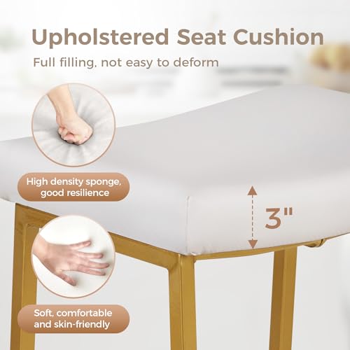 MAISON ARTS White & Gold Bar Stools Set of 2 for Kitchen Counter Backless Counter Height 24 Inches Saddle Stools Modern Gold Barstools Upholstered Faux Leather Stools Farmhouse Island Chairs