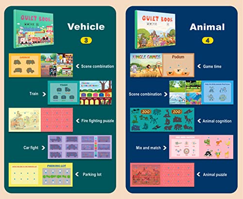 MIKNEKE 4 Pack DIY Quiet Book for Toddlers, Montessori Busy Book for Kids to Develop Learning Skills, Animal Vehicle Number Fruit Preschool Learning Activities Learning & Education Toys