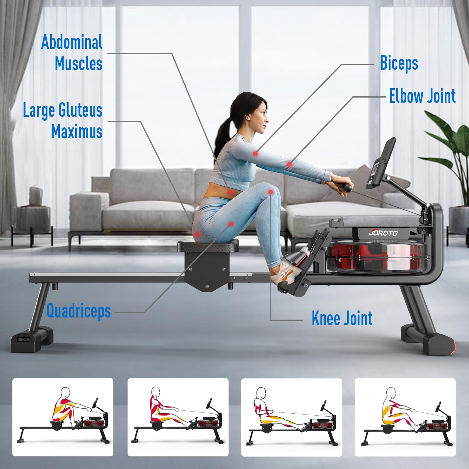 JOROTO MR23 Water Rowing Machine for Home Use, 300 Lbs MAX Weight Capacity Rower Machine with Bluetooth Function, Ipad Holder, 44 Days Kinomap Subscription