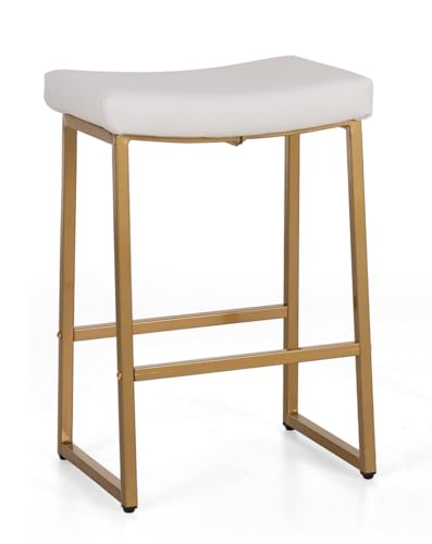 MAISON ARTS White & Gold Bar Stools Set of 2 for Kitchen Counter Backless Counter Height 24 Inches Saddle Stools Modern Gold Barstools Upholstered Faux Leather Stools Farmhouse Island Chairs