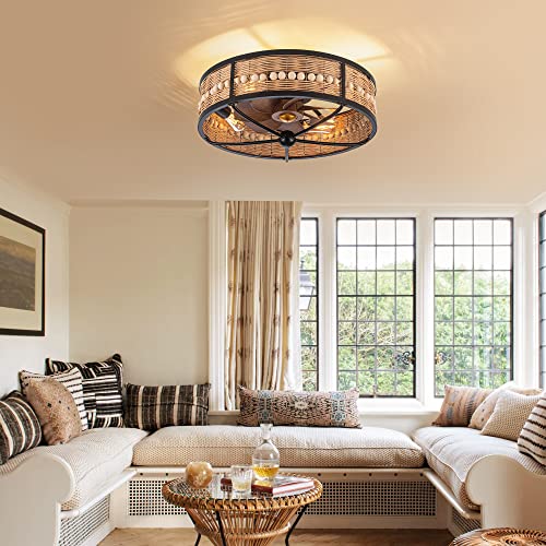 EKIZNSN Boho Caged Ceiling Fan with Light, 20 Inch Modern Boho Bladeless Ceiling Fan, Low Profile Flush Mount Ceiling Fans with Lights for Bedroom (5 E26 Bulbs Included)