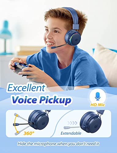 iClever Kids Bluetooth Headphones LED Light Up - 360° Extendable Microphone - 85/94 dB Safe Volume, 35Hrs Playtime, Shareport, Foldable Wireless Headphones for Kids/PS4/Xbox One/Switch/PC/Tablet
