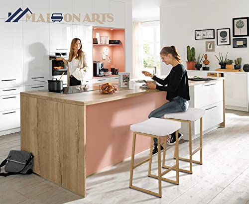 MAISON ARTS White & Gold Bar Stools Set of 2 for Kitchen Counter Backless Counter Height 24 Inches Saddle Stools Modern Gold Barstools Upholstered Faux Leather Stools Farmhouse Island Chairs