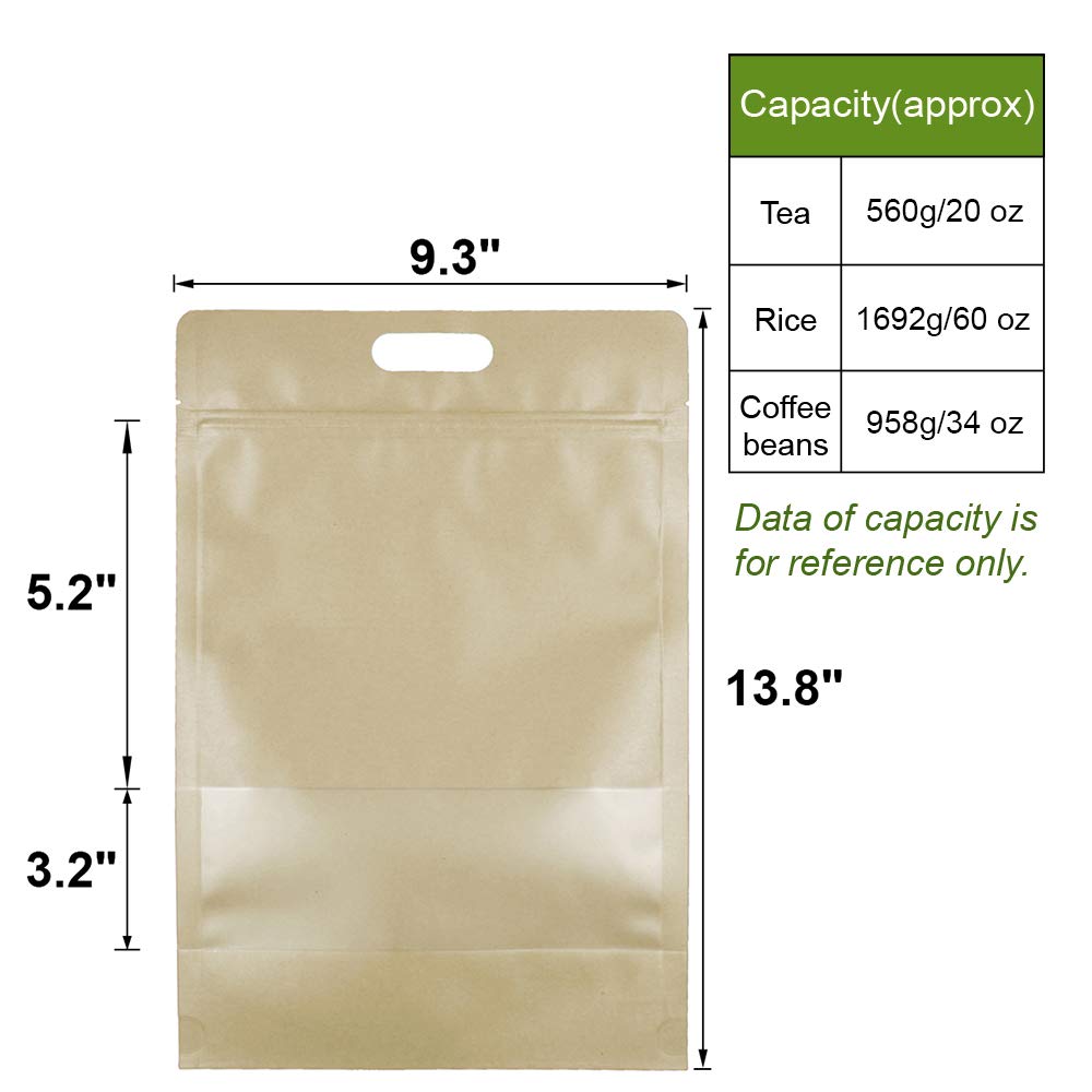 Muka 100 PCS Kraft Heat Sealable Stand Up Pouch Bags w/Handle Reusable Food Pouches Bags, 9.3"W x 13.8"H x 4"D, 7 mil