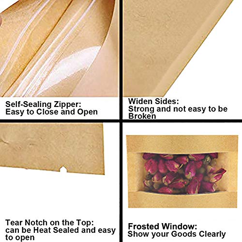 Muka 100 PCS Kraft Heat Sealable Stand Up Pouch Bags w/Handle Reusable Food Pouches Bags, 9.3"W x 13.8"H x 4"D, 7 mil