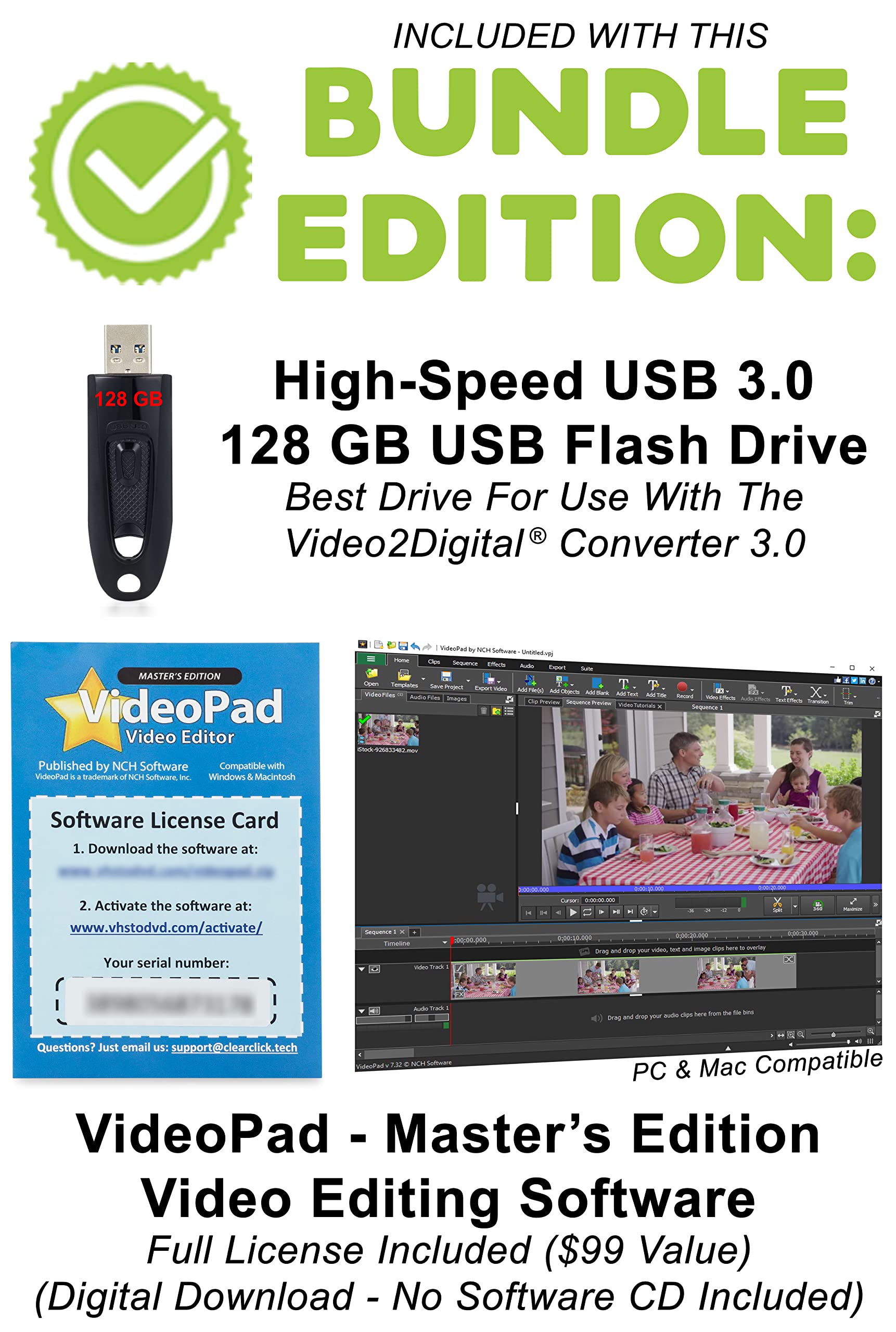 ClearClick Video to Digital Converter 3.0 (Third Generation) - Record Video & Audio from VCR's, VHS, AV, RCA, Hi8, Camcorder, DVD, Turntables, Cassette Tapes (Bundle Edition)