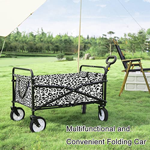Outdoor Collapsible Wagon Leopard Texture Repeats Seamless Black White Camping Shopping Garden Cart Heavy Duty Wagon Adjustable Portable Utility Folding Wagon with Wheels