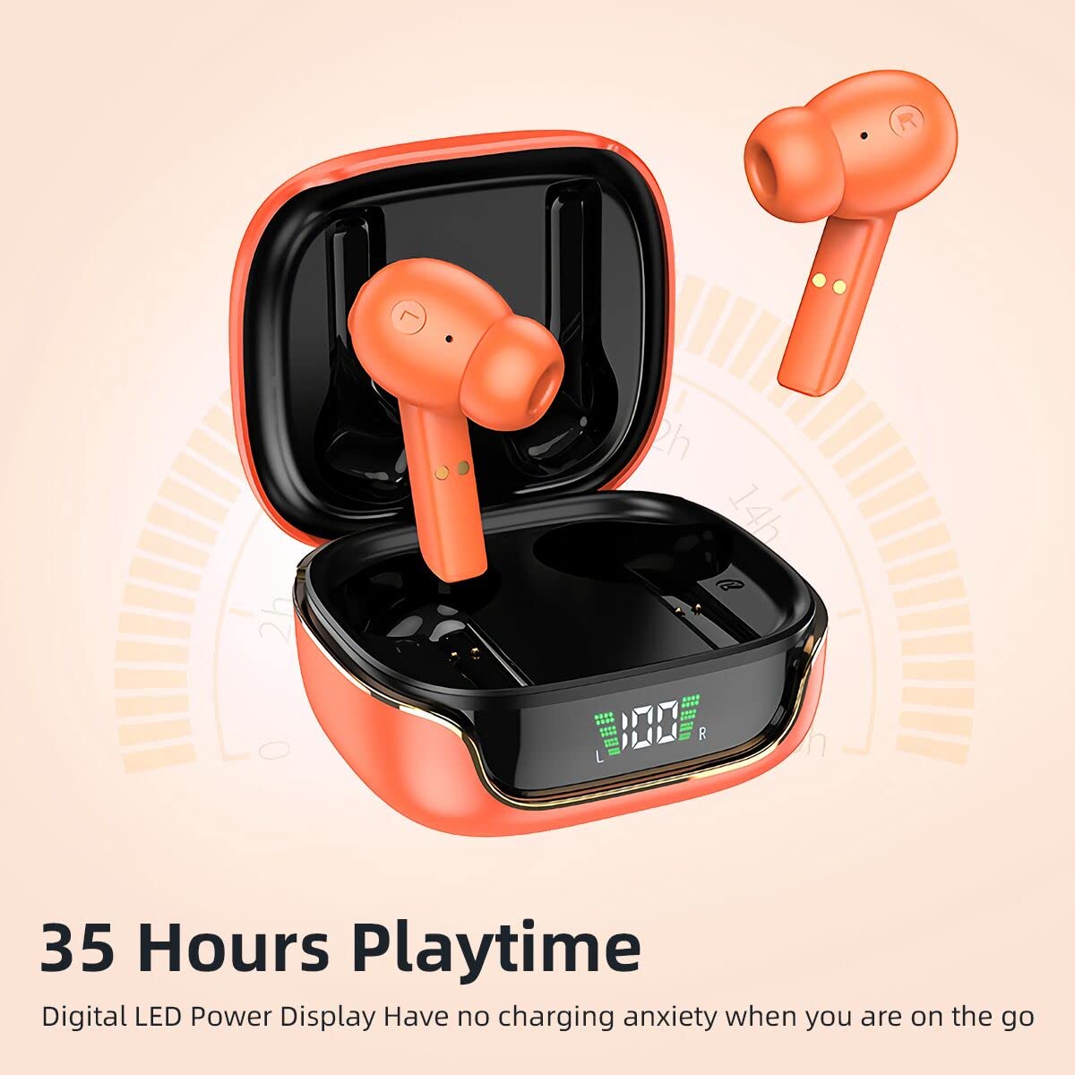 IDOERLEETEK Bluetooth Headphones Bluetooth Earbuds V5.3 Ture Wireless Earbuds, IPX7 Waterproof, 35 Hours Long Playtime Compatible with iPhone and Android (Orange)