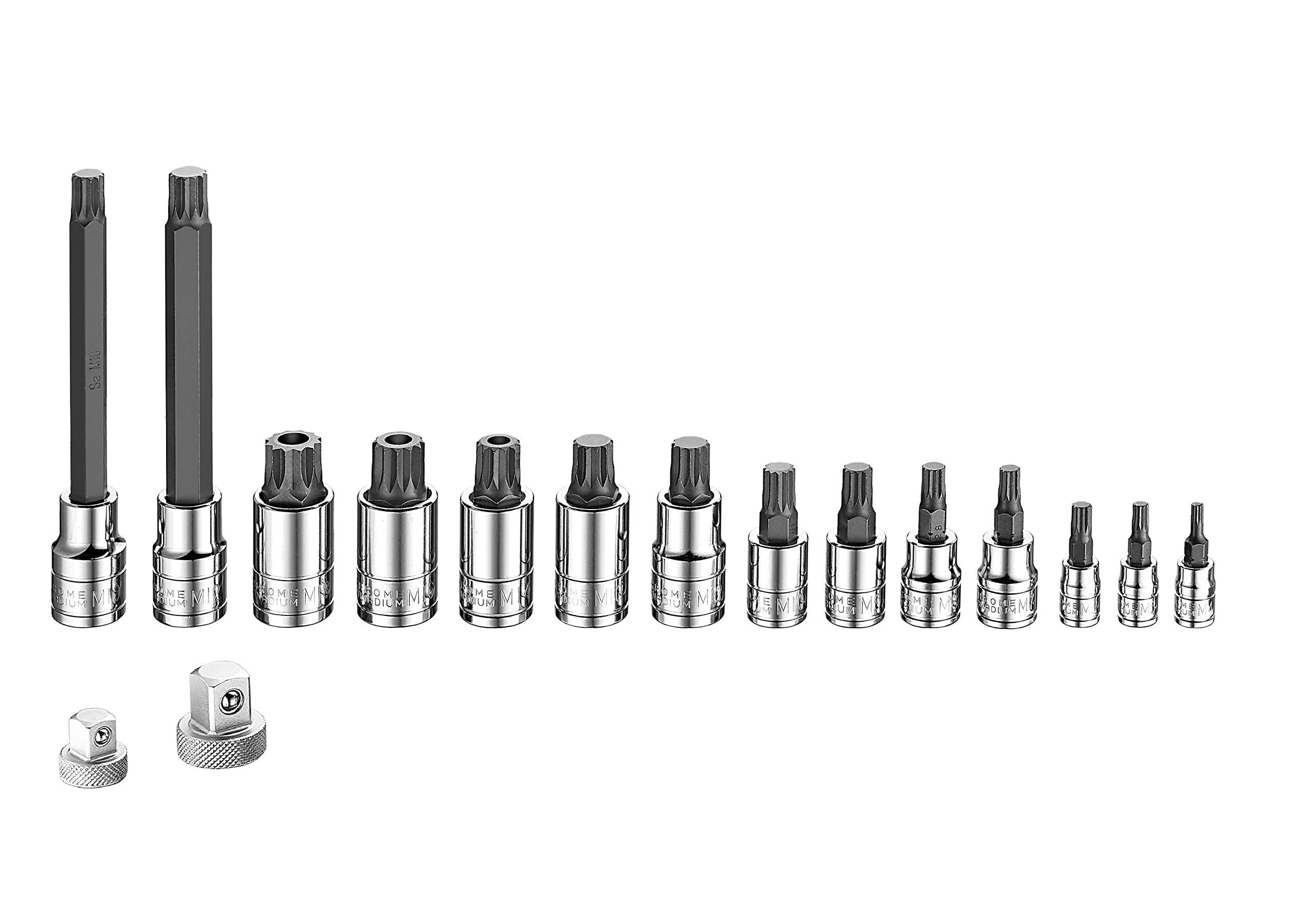 Kauplus 16 Pcs XZN Triple Square Spline Bit Socket Set- Short & Extra Long (140MM), W/Adapter 1/4" x 3/8" & 3/8" x 1/2", M4-M13, Tamper Proof M14-M18