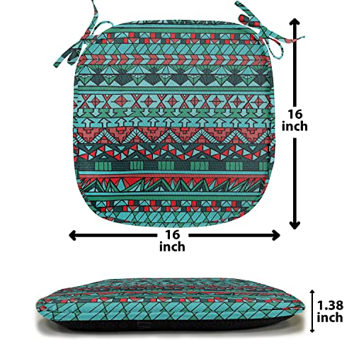 Ambesonne Tribal Chair Seating Cushion Set of 8, Hand Drawn Design Geometric Pattern with Sharp Shapes and Stripes, Seat Pads for Office with Anti-Slip Backing, 16"x16", Red Blue Teal