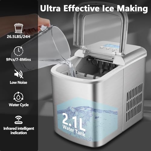 KUMIO Ice Makers Countertop with Self-Cleaning, 9 Pcs/6-8 Mins, 26.5 Lbs/24 Hrs, 2.1L Water Tank, 2 Sizes of Bullet Ice for Home/Party, LCD Digital Control Panel, Ice Basket & Scoop, Stainless Steel