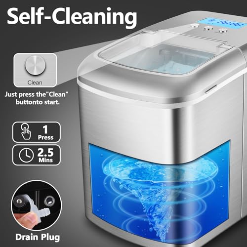 KUMIO Ice Makers Countertop with Self-Cleaning, 9 Pcs/6-8 Mins, 26.5 Lbs/24 Hrs, 2.1L Water Tank, 2 Sizes of Bullet Ice for Home/Party, LCD Digital Control Panel, Ice Basket & Scoop, Stainless Steel