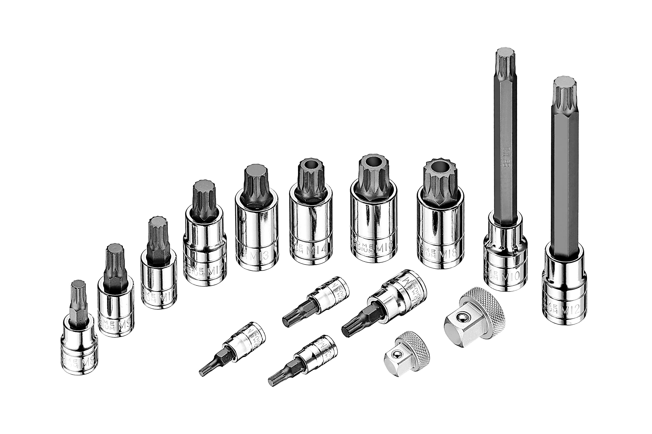 Kauplus 16 Pcs XZN Triple Square Spline Bit Socket Set- Short & Extra Long (140MM), W/Adapter 1/4" x 3/8" & 3/8" x 1/2", M4-M13, Tamper Proof M14-M18