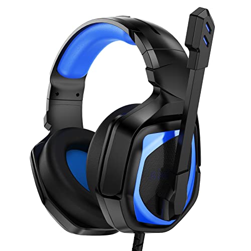 Emonoo Gaming Headset for PS4 PS5 Xbox Switch, Wired Over-Ear Headphones with Adjustable Active Noise Cancelling Mic for PC & MAC, Blue