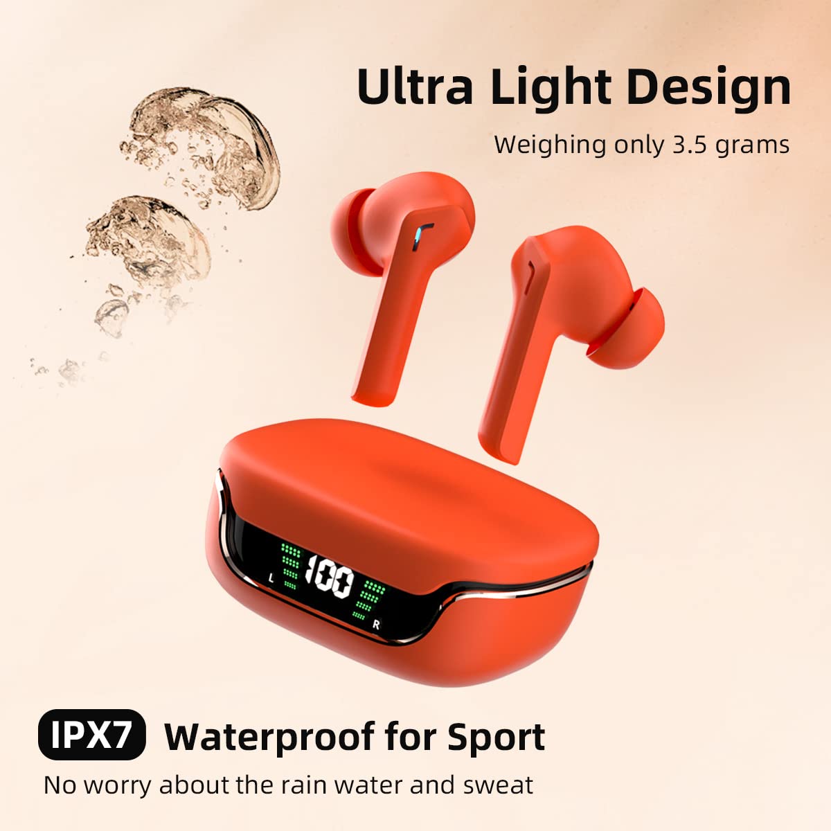 IDOERLEETEK Bluetooth Headphones Bluetooth Earbuds V5.3 Ture Wireless Earbuds, IPX7 Waterproof, 35 Hours Long Playtime Compatible with iPhone and Android (Orange)