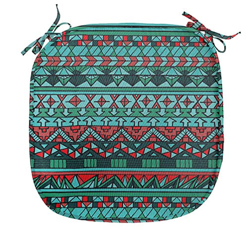 Ambesonne Tribal Chair Seating Cushion Set of 8, Hand Drawn Design Geometric Pattern with Sharp Shapes and Stripes, Seat Pads for Office with Anti-Slip Backing, 16"x16", Red Blue Teal