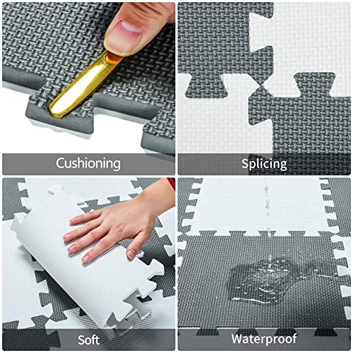 qqpp EVA Rubber 18 Tiles Interlocking Puzzle Foam Floor Mats - Baby Play Mat for Playing | Exercise Mat for Home Workout. White, Gray. QC-ALb18N