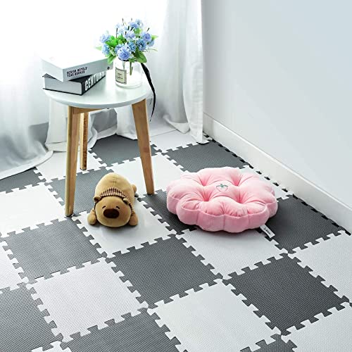 qqpp EVA Rubber 18 Tiles Interlocking Puzzle Foam Floor Mats - Baby Play Mat for Playing | Exercise Mat for Home Workout. White, Gray. QC-ALb18N