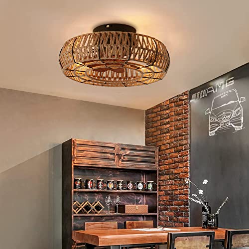 Letmarey 20" Cage Low Profile Bladeless Ceiling Fan with Light and Remote, Farmhouse Flush Mount Boho Ceiling Fans Light, Enclosed Industrial Ceiling Fan 6 Speed Reversible w/ 4 bulbs.
