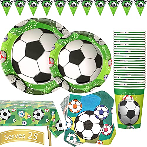 DUOCUTE Soccer Party Supplies 102PCS Sports Themed Children Birthday Paper Dinnerware Set Includes 9" Plates, 7" Plates, Cups, Napkins, Tablecloth and Banner, Serves 25