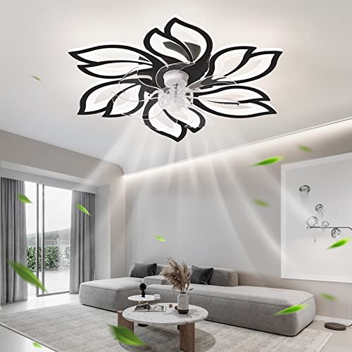 OLUZO 25.6'' Black Modern Ceiling Fan with Light, Low Profile Ceiling Fans with Lights and Remote/APP,Flush Mount Ceiling Fan,6 Wind Speed,3 Color Light,Ceiling Fan Light for Bedroom/Living/Office