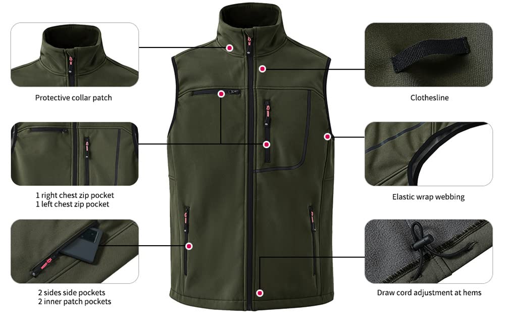 MoFiz Mens Vest Outerwear Zip Up Fleece Lined Light Windbreaker Sleeveless Jacket Hiking Golf Vest For Men Army Green X-Large