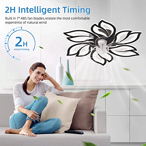 OLUZO 25.6'' Black Modern Ceiling Fan with Light, Low Profile Ceiling Fans with Lights and Remote/APP,Flush Mount Ceiling Fan,6 Wind Speed,3 Color Light,Ceiling Fan Light for Bedroom/Living/Office