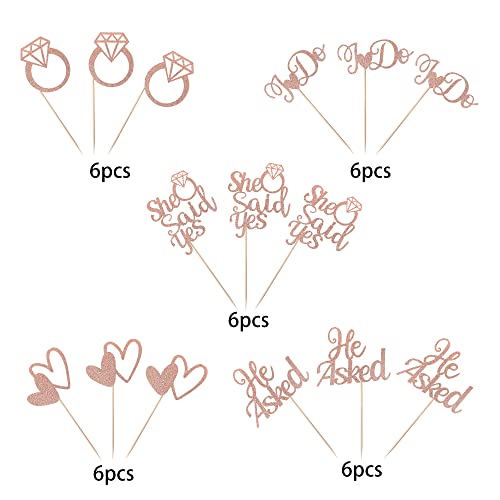 30 Pack He Asked She Said Yes Cupcake Toppers Glitter Heart Ring I do Cupcake Picks Bridal Shower Cake Decorations for Wedding Engagement Theme Party Supplies Rose Gold