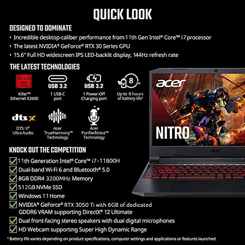 Acer Nitro 5 15.6β 144Hz Gaming Laptop, 11th Intel 8-Core i7-11800H(Beat Ryzen 7 5800H), Nvidia GeForce RTX 3050 Ti 4GB GDDR6, Backlit KB, Windows 11 Home(16GB|512GB SSD+1TB HDD)