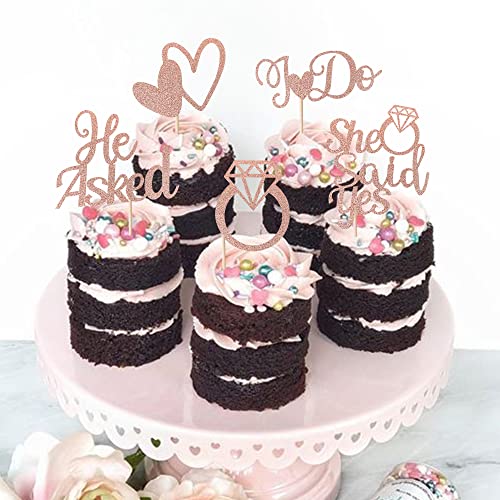 30 Pack He Asked She Said Yes Cupcake Toppers Glitter Heart Ring I do Cupcake Picks Bridal Shower Cake Decorations for Wedding Engagement Theme Party Supplies Rose Gold