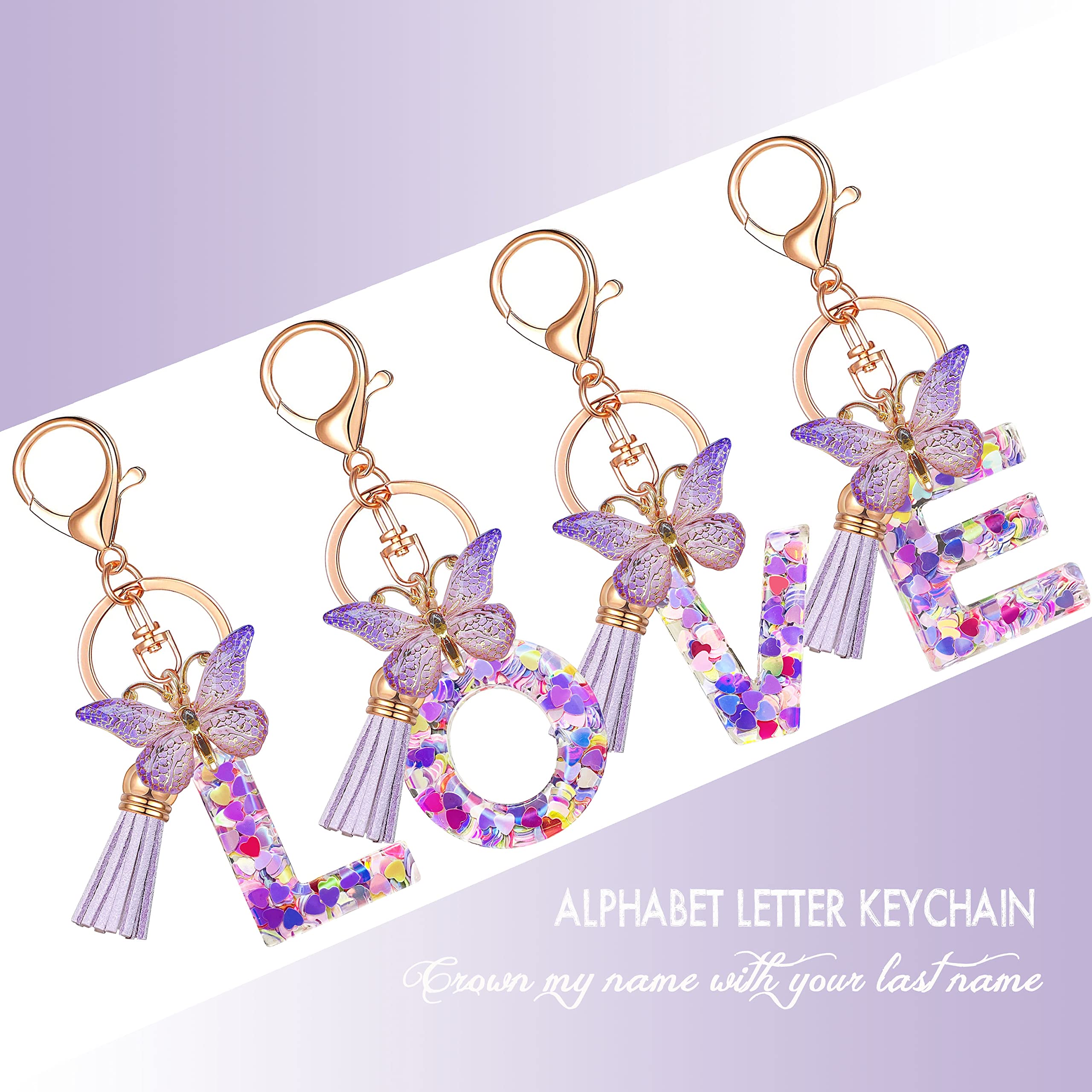 JINGUAZI Initial letter Keychains for Women Tassel Butterfly Pink Cute Car Keychain for Wallet Purses Backpack (Purple E)