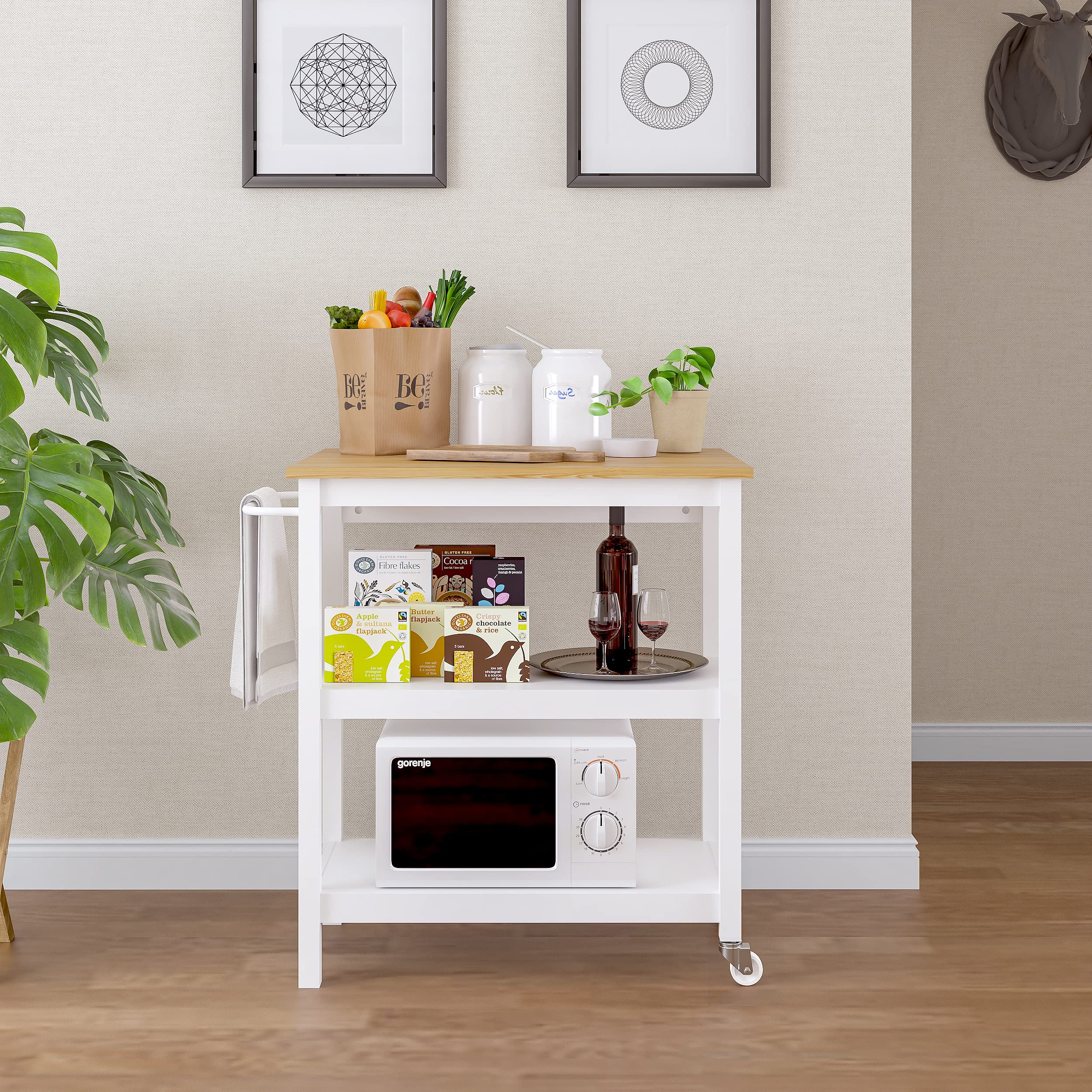 Spirich Home Kitchen Island Cart on Wheels, 3-Tier Rolling Utility Cart with Storage, Small Kitchen Island with Drop Leaf and Towel Rack for Dining Room, White
