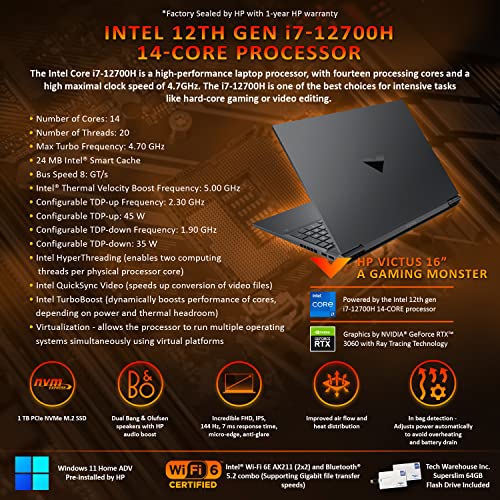HP Victus 16 Gaming Laptop Mica Silver Intel Core i7-12700H, 16.1β FHD, 16 GB RAM, 1 TB SSD, 6GB Nvidia GeForce RTX 3060, Win 11 Home Adv, WiFi 6, 4Cell, B&OAudio, 64GB Tech Warehouse Flashdrive