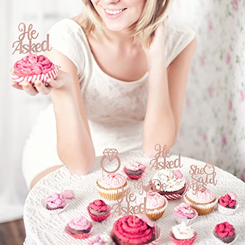 30 Pack He Asked She Said Yes Cupcake Toppers Glitter Heart Ring I do Cupcake Picks Bridal Shower Cake Decorations for Wedding Engagement Theme Party Supplies Rose Gold