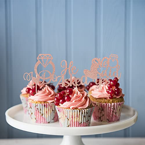 30 Pack He Asked She Said Yes Cupcake Toppers Glitter Heart Ring I do Cupcake Picks Bridal Shower Cake Decorations for Wedding Engagement Theme Party Supplies Rose Gold