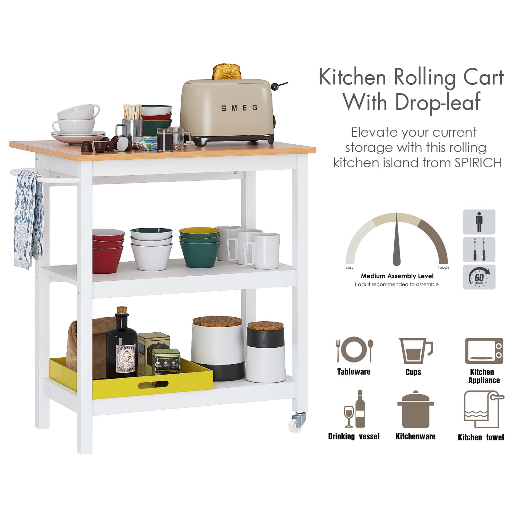 Spirich Home Kitchen Island Cart on Wheels, 3-Tier Rolling Utility Cart with Storage, Small Kitchen Island with Drop Leaf and Towel Rack for Dining Room, White
